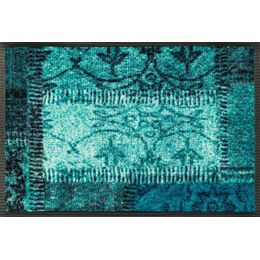 Fu&szlig;matte "Vintage Patches" Gr. 15, blau, B:50cm H:7mm L:75cm, Kunstfaser, wash+dry by Kleen-Tex, Teppiche, Fu&szlig;matte, Schmutzfangmatte, modernes Patchwork Design, rutschhemmend, waschbar