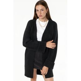 Langer gerippter Strickcardigan mit offenem Kragen