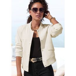 Bomberjacke Lascana, Damen, Gr. 34, beige (creme), Stoff, Obermaterial: 95% Polyester, 5% Elasthan. Futter: 100% Polyester, unifarben, figurumspielend h&uuml;ftlang, angesetztes B&uuml;ndchen, Jacken Bomberjacke, mit Druckkn&ouml;pfen, Kurzjacke, sportlich-chic, Topseller