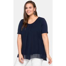 Blusenshirt sheego "Blusenshirt", Damen, Gr. 40, blau (marine), 95% Viskose, 5% Elasthan, Chiffon:100% Polyester, unifarben, Rundhals, Shirts Blusenshirt