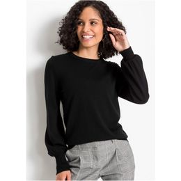 Strickpullover bonprix, Damen, Gr. 32/34 (XS), schwarz, Feinstrick, Obermaterial: 70% Viskose, 30% Polyamid, unifarben, bequem h&uuml;ftlang, Rundhals, weit extrabreites B&uuml;ndchen, Pullover Strickpullover, aus weichem Viskose-Feinstrick, mit Ballon-&Auml;rmeln mit breiten B&uuml;ndchen