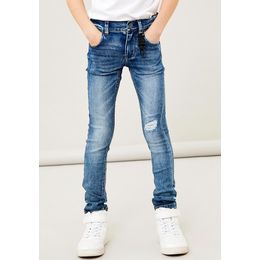 Stretch-Jeans name it "NKMPETE DNMTONSON", Jungen, Gr. 134, N-Gr, blau (medium blau denim), Denim/Jeans, Obermaterial: 74% Baumwolle, 24% Polyester, 1% Elasthan, 1% Viskose, Abriebeffekte, skinny fit normal, Jeans