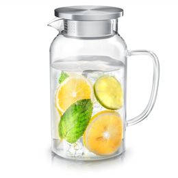 arendo Glaskaraffe 1450 ml, Edelstahl-Deckel, hitze- und k&auml;ltebest&auml;ndig, BPA frei
