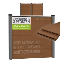 Juskys&reg; WPC Sichtschutzzaun 2er Set - 2x Element + 3x Pfosten & Zubeh&ouml;r, Gartenset WPC- & Stahlkonstruktion, Teak / Grau