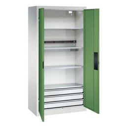 C+P Akkuladeschrank Acurado, abschlie&szlig;bar, mit Inneneinrichtung, B 930 x T 500 x H 1950 mm, Stahl, resedagr&uuml;n RAL 6011/lichtgrau RAL 7035
