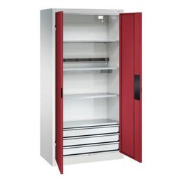 C+P Akkuladeschrank Acurado, abschlie&szlig;bar, mit Inneneinrichtung, B 930 x T 500 x H 1950 mm, Stahl, rubinrot RAL 3003/lichtgrau RAL 7035