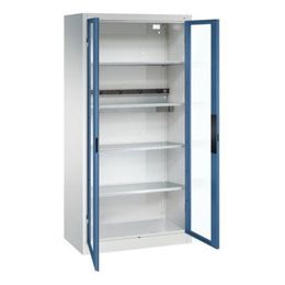 C+P Akkuladeschrank Acurado, abschlie&szlig;bar, mit Inneneinrichtung, B 930 x T 500 x H 1950 mm, Stahl, fernblau RAL 5023/lichtgrau RAL 7035