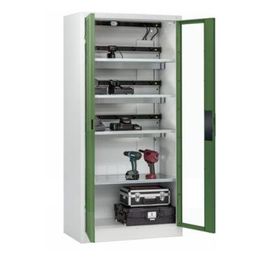 C+P Akkuladeschrank Acurado, abschlie&szlig;bar, mit L&uuml;ftung + Inneneinrichtung, B 930 x T 500 x H 1950 mm, Stahl, resedagr&uuml;n RAL 6011/lichtgrau RAL 7035