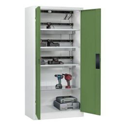 C+P Akkuladeschrank Acurado, abschlie&szlig;bar, mit L&uuml;ftung + Inneneinrichtung, B 930 x T 500 x H 1950 mm, Stahl, resedagr&uuml;n RAL 6011/lichtgrau RAL 7035