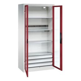 C+P Akkuladeschrank Acurado, abschlie&szlig;bar, mit Inneneinrichtung, B 930 x T 500 x H 1950 mm, Stahl, rubinrot RAL 3003/lichtgrau RAL 7035