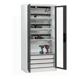 C+P Akkuladeschrank Acurado, abschlie&szlig;bar, mit L&uuml;ftung + Inneneinrichtung, B 930 x T 500 x H 1950 mm, Stahl, anthrazitgrau RAL 7016/lichtgrau RAL 7035