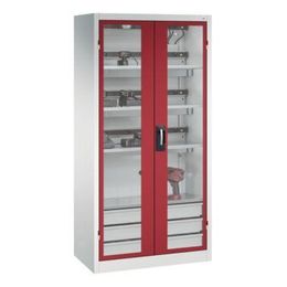 C+P Akkuladeschrank Acurado, abschlie&szlig;bar, mit L&uuml;ftung + Inneneinrichtung, B 930 x T 500 x H 1950 mm, Stahl, rubinrot RAL 3003/lichtgrau RAL 7035