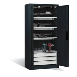 C+P Akkuladeschrank Acurado, abschlie&szlig;bar, mit L&uuml;ftung + Inneneinrichtung, B 930 x T 500 x H 1950 mm, Stahl, anthrazitgrau RAL 7016/anthrazitgrau RAL 7016
