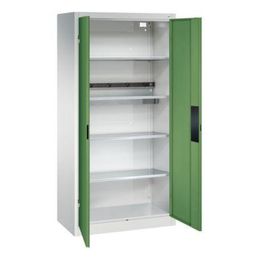 C+P Akkuladeschrank Acurado, abschlie&szlig;bar, mit Inneneinrichtung, B 930 x T 500 x H 1950 mm, Stahl, resedagr&uuml;n RAL 6011/lichtgrau RAL 7035