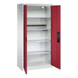 C+P Akkuladeschrank Acurado, abschlie&szlig;bar, mit Inneneinrichtung, B 930 x T 500 x H 1950 mm, Stahl, rubinrot RAL 3003/lichtgrau RAL 7035