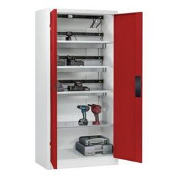 C+P Akkuladeschrank Acurado, abschlie&szlig;bar, mit L&uuml;ftung + Inneneinrichtung, B 930 x T 500 x H 1950 mm, Stahl, rubinrot RAL 3003/lichtgrau RAL 7035