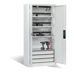 C+P Akkuladeschrank Acurado, abschlie&szlig;bar, mit L&uuml;ftung + Inneneinrichtung, B 930 x T 500 x H 1950 mm, Stahl, lichtgrau RAL 7035/lichtgrau RAL 7035