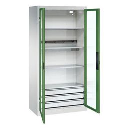 C+P Akkuladeschrank Acurado, abschlie&szlig;bar, mit Inneneinrichtung, B 930 x T 500 x H 1950 mm, Stahl, resedagr&uuml;n RAL 6011/lichtgrau RAL 7035