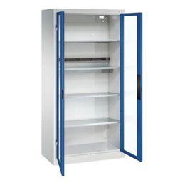 C+P Akkuladeschrank Acurado, abschlie&szlig;bar, mit Inneneinrichtung, B 930 x T 500 x H 1950 mm, Stahl, enzianblau RAL 5010/lichtgrau RAL 7035