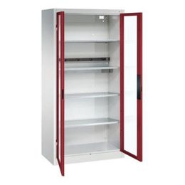 C+P Akkuladeschrank Acurado, abschlie&szlig;bar, mit Inneneinrichtung, B 930 x T 500 x H 1950 mm, Stahl, rubinrot RAL 3003/lichtgrau RAL 7035