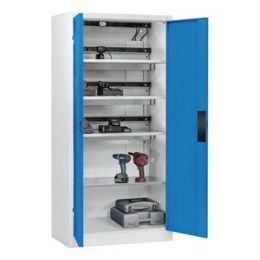C+P Akkuladeschrank Acurado, abschlie&szlig;bar, mit L&uuml;ftung + Inneneinrichtung, B 930 x T 500 x H 1950 mm, Stahl, lichtblau RAL 5012/lichtgrau RAL 7035