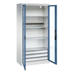 C+P Akkuladeschrank Acurado, abschlie&szlig;bar, mit Inneneinrichtung, B 930 x T 500 x H 1950 mm, Stahl, fernblau RAL 5023/lichtgrau RAL 7035