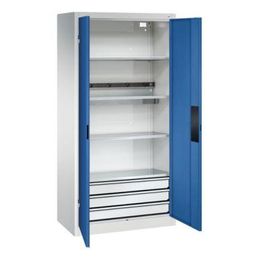 C+P Akkuladeschrank Acurado, abschlie&szlig;bar, mit Inneneinrichtung, B 930 x T 500 x H 1950 mm, Stahl, enzianblau RAL 5010/lichtgrau RAL 7035