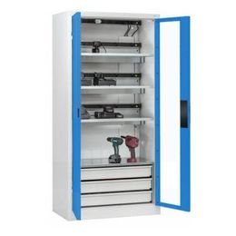 C+P Akkuladeschrank Acurado, abschlie&szlig;bar, mit L&uuml;ftung + Inneneinrichtung, B 930 x T 500 x H 1950 mm, Stahl, lichtblau RAL 5012/lichtgrau RAL 7035