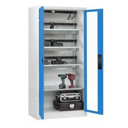 C+P Akkuladeschrank Acurado, abschlie&szlig;bar, mit L&uuml;ftung + Inneneinrichtung, B 930 x T 500 x H 1950 mm, Stahl, lichtblau RAL 5012/lichtgrau RAL 7035