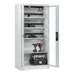 C+P Akkuladeschrank Acurado, abschlie&szlig;bar, mit L&uuml;ftung + Inneneinrichtung, B 930 x T 500 x H 1950 mm, Stahl, lichtgrau RAL 7035/lichtgrau RAL 7035