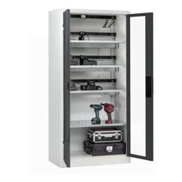 C+P Akkuladeschrank Acurado, abschlie&szlig;bar, mit L&uuml;ftung + Inneneinrichtung, B 930 x T 500 x H 1950 mm, Stahl, anthrazitgrau RAL 7016/lichtgrau RAL 7035