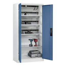 C+P Akkuladeschrank Acurado, abschlie&szlig;bar, mit L&uuml;ftung + Inneneinrichtung, B 930 x T 500 x H 1950 mm, Stahl, fernblau RAL 5023/lichtgrau RAL 7035