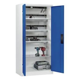 C+P Akkuladeschrank Acurado, abschlie&szlig;bar, mit L&uuml;ftung + Inneneinrichtung, B 930 x T 500 x H 1950 mm, Stahl, enzianblau RAL 5010/lichtgrau RAL 7035