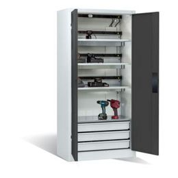 C+P Akkuladeschrank Acurado, abschlie&szlig;bar, mit L&uuml;ftung + Inneneinrichtung, B 930 x T 500 x H 1950 mm, Stahl, anthrazitgrau RAL 7016/lichtgrau RAL 7035