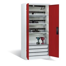 C+P Akkuladeschrank Acurado, abschlie&szlig;bar, mit L&uuml;ftung + Inneneinrichtung, B 930 x T 500 x H 1950 mm, Stahl, rubinrot RAL 3003/lichtgrau RAL 7035