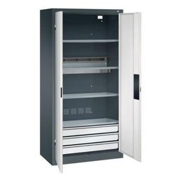 C+P Akkuladeschrank Acurado, abschlie&szlig;bar, mit Inneneinrichtung, B 930 x T 500 x H 1950 mm, Stahl, lichtgrau RAL 7035/anthrazitgrau RAL 7016