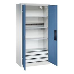 C+P Akkuladeschrank Acurado, abschlie&szlig;bar, mit Inneneinrichtung, B 930 x T 500 x H 1950 mm, Stahl, fernblau RAL 5023/lichtgrau RAL 7035