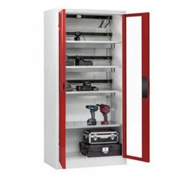 C+P Akkuladeschrank Acurado, abschlie&szlig;bar, mit L&uuml;ftung + Inneneinrichtung, B 930 x T 500 x H 1950 mm, Stahl, rubinrot RAL 3003/lichtgrau RAL 7035