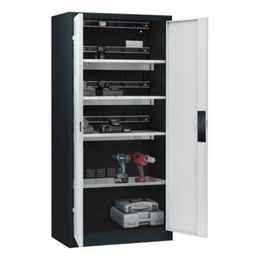 C+P Akkuladeschrank Acurado, abschlie&szlig;bar, mit L&uuml;ftung + Inneneinrichtung, B 930 x T 500 x H 1950 mm, Stahl, lichtgrau RAL 7035/anthrazitgrau RAL 7016