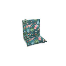 Sesselauflagenset, Blau, Gr&uuml;n, Rosa, Textil, 2-teilig, Flamingo, F&uuml;llung: Schaumstoff, Vlies, 50x7x100 cm, Oeko-Tex&reg; Standard 100, pflegeleicht, hochwertige Qualit&auml;t, langlebig, f&uuml;r den Au&szlig;enbereich geeignet, mittels B&auml;ndern zu befestigen, Gurtband befestigen, Outdoor-Kissen, Gartenstuhlauflagen, Niedriglehner-Auflagen