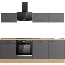 K&uuml;chenzeile KOCHSTATION "KS-Sion Breite 240 cm", k&uuml;che: grau, korpus: eichefarben, arbeitsplatte: eichefarben hell, B:240cm H:186cm T:60cm, Komplettk&uuml;chen-Sets, K&uuml;chenzeile, schnelle Montage OPTIsnap, wahlw. m.HANSEATIC-E-Ger&auml;ten u.Stand Alone