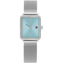 Quarzuhr Tommy Hilfiger "TEA TANK", blau (edelstahlfarben, hellblau), Armbanduhren, Damen, Quarzuhr, Armbanduhr, Damenuhr, Edelstahlarmband, analog, Glassteine
