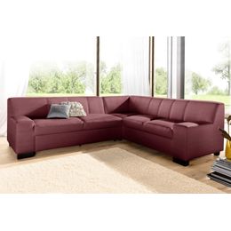 Ecksofa DOMO collection "Norma, moderne Armlehnen, zeitlos und elegant, Breite 247cm, L-Form", rot (karminrot), B:247cm H:74cm T:212cm, Microfaser PRIMABELLE (100% Polyester);Kunstleder SOFTLUX;Struktur (90% Polyester, 10% Polyacryl);NaturLEDER (echtes Rindsleder), Sofas, Ecksofa, wahlweise mit Bettfunktion