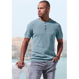 Henleyshirt John Devin "- Strickshirt", Jungen, Gr. L, blau, Strick, Obermaterial: 100% Baumwolle, regular fit normal, Rundhals, Rippstrickb&uuml;ndchen, Shirts, Rundhalsausschnitt mit kleiner Knopfleiste