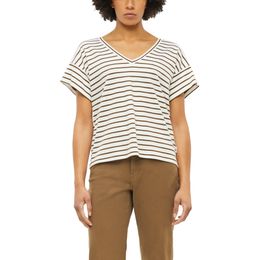 Kurzarmshirt s.Oliver, Damen, Gr. 36, wei&szlig; (teak braun stripe), Jersey, Obermaterial: 100% Baumwolle, gestreift, normal h&uuml;ftlang, V-Ausschnitt, abgesteppte Kante, Shirts, Sommershirt in Streifen-Optik