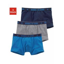Boxer AUTHENTIC LE JOGGER "Boxershorts f&uuml;r Jungen", Jungen, Gr. 122/128, 3 Stk., blau (grau, meliert, blau, marine), Jersey, Obermaterial: 95% Baumwolle, 5% Elasthan, unifarben, k&ouml;rpernah, Unterhosen, mit "BORN 2 B COOL" Bund