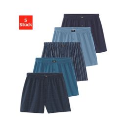 H.I.S. Weiter Boxer H.I.S "Herren Boxer", Herren, Gr. 3 (XS), 5 Stk., blau, navy, hellblau, navy, blau, gestreift, navy, blau, bedruckt, Jersey, Obermaterial: 95% Baumwolle, 5% Elasthan, unifarben, bequem, Unterhosen, weite Passform, Komfortbund, aus Baumwoll-Stretch