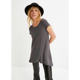 T-Shirt bonprix, Damen, Gr. 40/42 (M), dunkelgrau, Jersey, Obermaterial: 95% Viskose, 5% Elasthan, meliert, unifarben, ausgestellt Po-bedeckend, Rundhals, Shirts T-Shirt, ausgestellte Passform, asymmetrische L&auml;nge, kurze &Auml;rmel