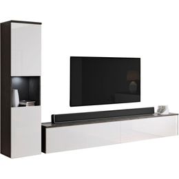 Wohnwand OTTO HOME "PARIS, Vitrine T&uuml;ranschlag links/rechts wechselbar", schwarz-wei&szlig; (matera anthrazit, wei&szlig; hochglanz), B:220cm H:130cm T:33cm, Kastenm&ouml;bel-Sets, Wohnwand, grifflose Design, stehend und h&auml;ngend montierbar