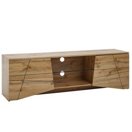 FineBuy TV-Board Kommode 160cm MDF Eiche Dekor Design Lowboard mit 2 T&uuml;ren & Glas Ablage Fernsehschrank